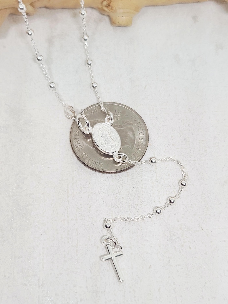 925 GENUINE Sterling Silver Rosary Necklace, Dainty Rosary, Virgin Mary ...