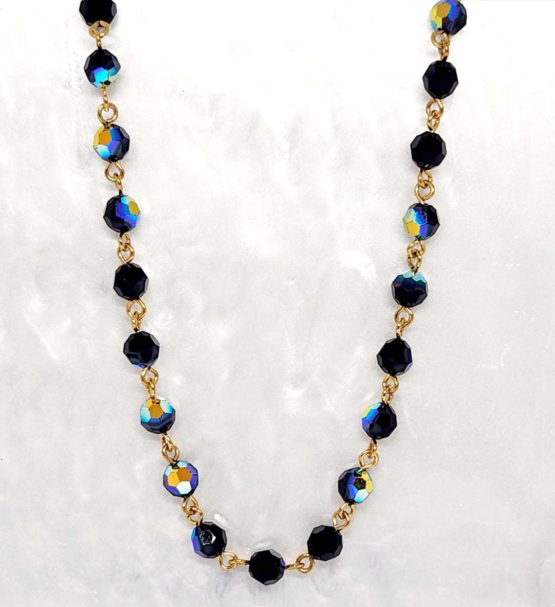 10K Yellow Gold Jet Bead Necklace, Jet AB 6mm, Bicone Bead, Black ...