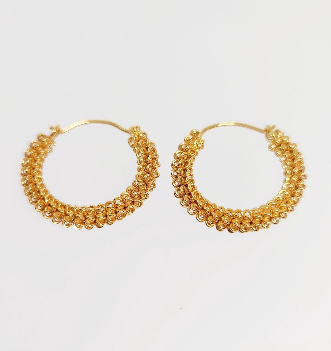 10K Yellow Gold VINTAGE Bali Hoop Earring, Hand Wired Solid Hoops, Gold ...