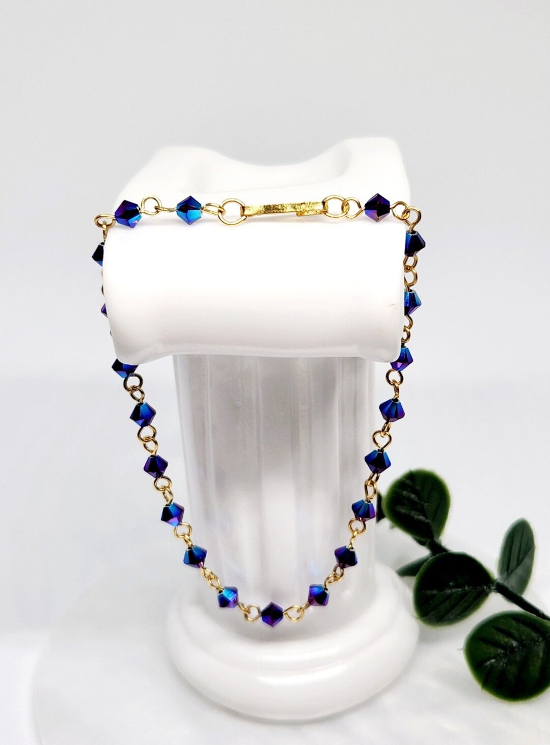 10K Real Gold Blue Crystal Bracelet, Gold Crystal Anklet, Gold Bead ...