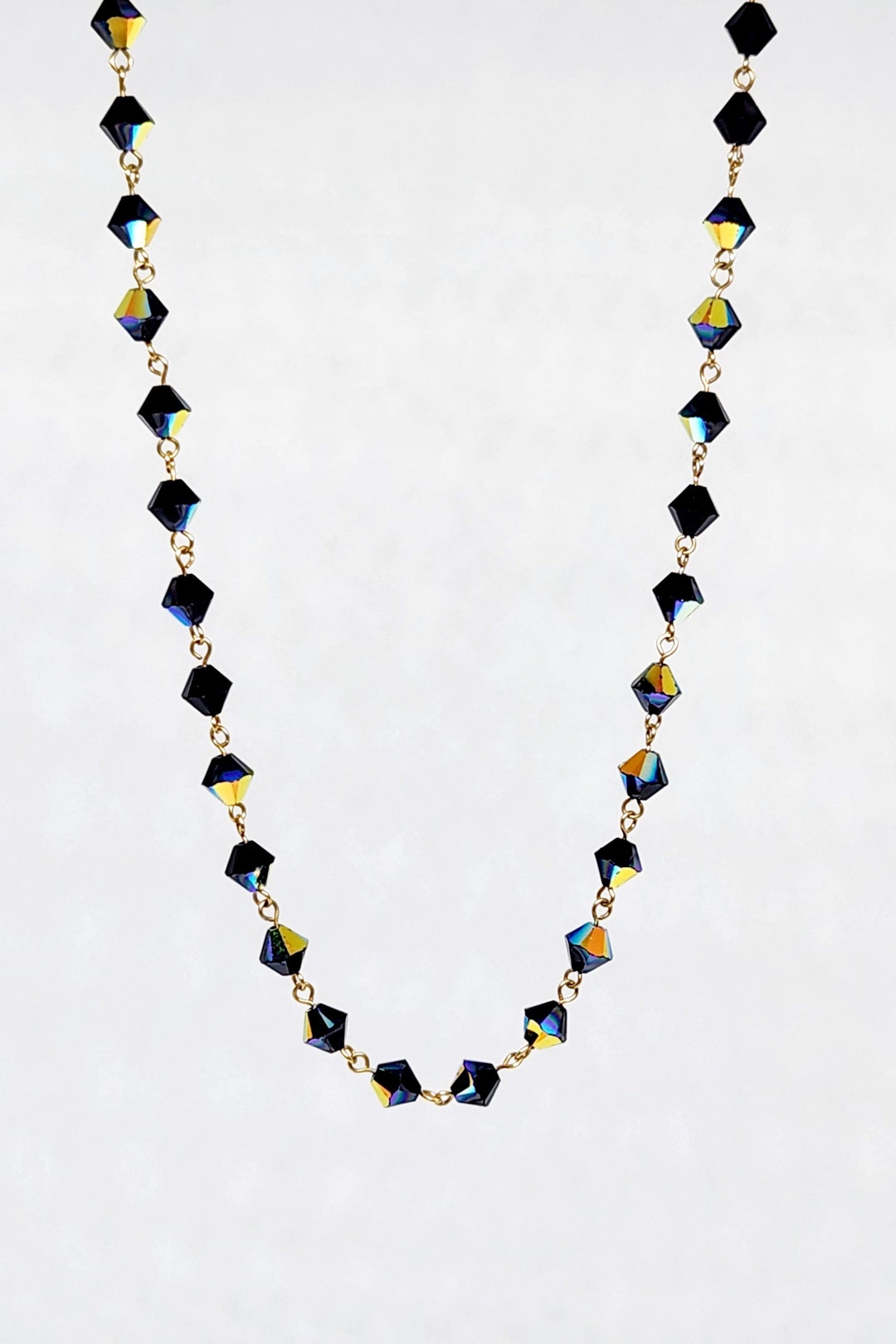 10K Genuine Gold Jet Bead Necklace, Black Crystal Necklace, Gold Beaded ...