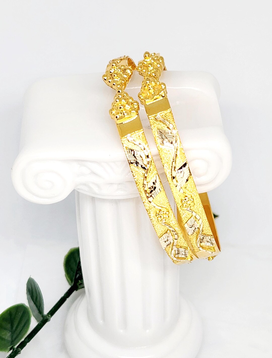 10K Yellow Gold Bangles, Gold Grape Head Bracelets, Gold Hand Carved ...