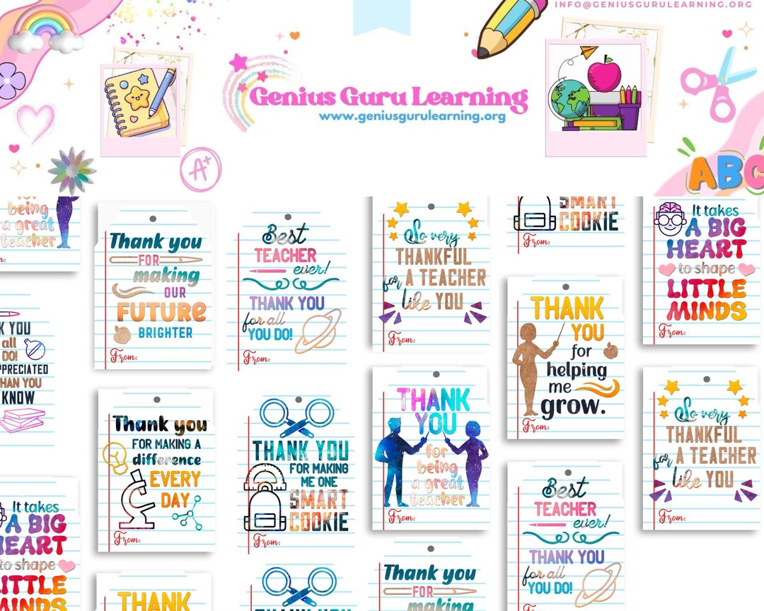 Teacher Appreciation Gift Tags, Printable Thank You Notes (PDF & PNG ...
