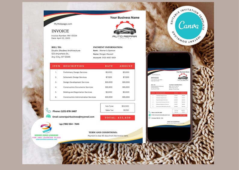 Editable Auto Repair Invoice Template, Canva Design (digital Download ...