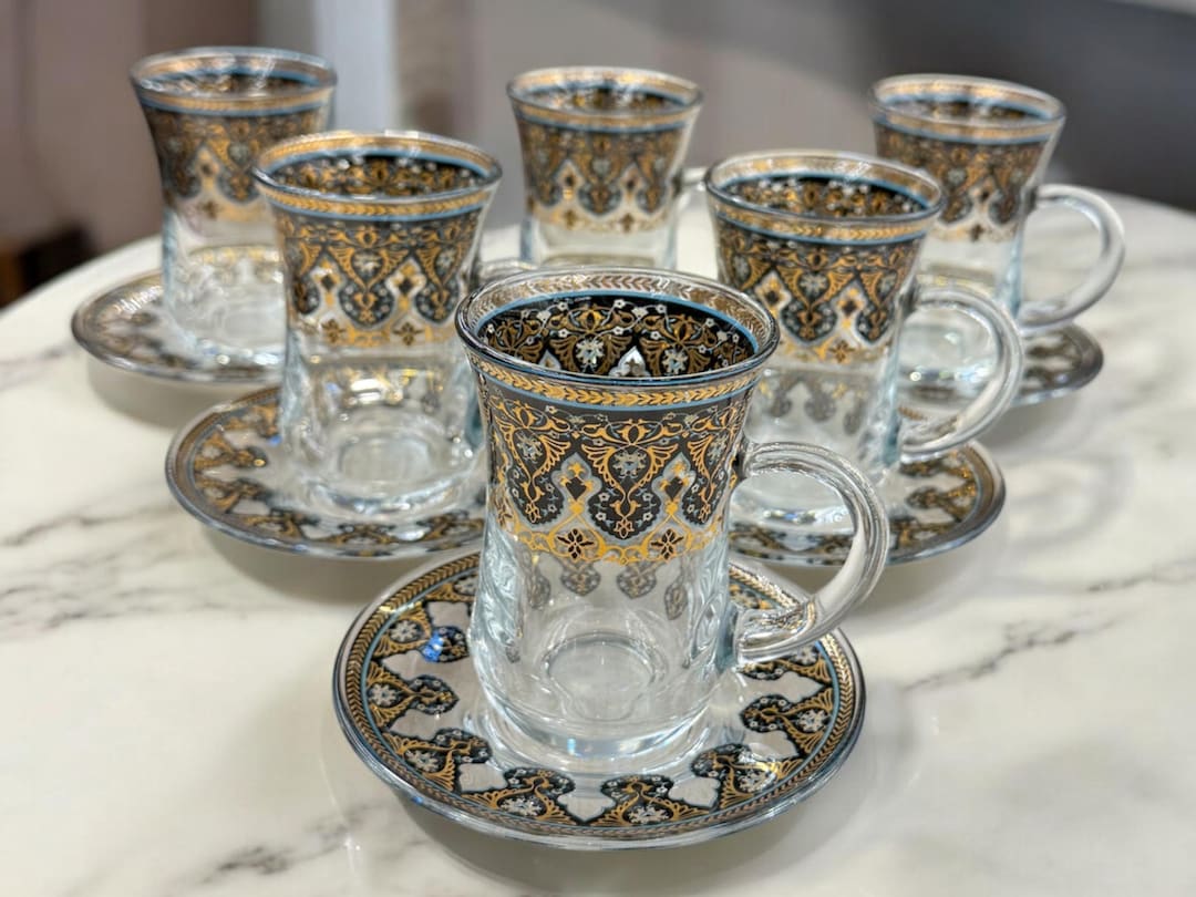 Handmade Turkish Tea Set: Patterned Glass Cups With Bronze Spoons - Etsy