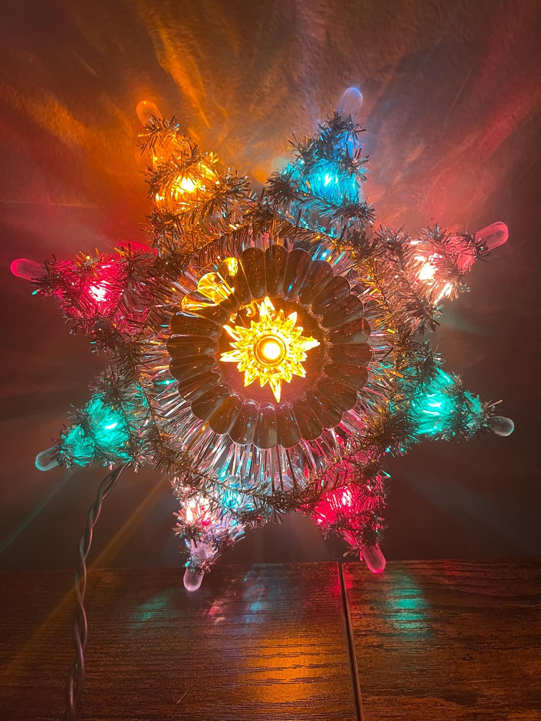 Vintage MCM Illuminated Atomic Silver Tinsel Reflector Star Tree Topper ...