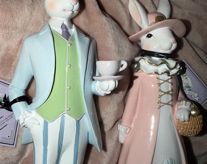 Vintage Inspired Dapper Easter Bunny Rabbit Couple Mad Hatter Figurines ...