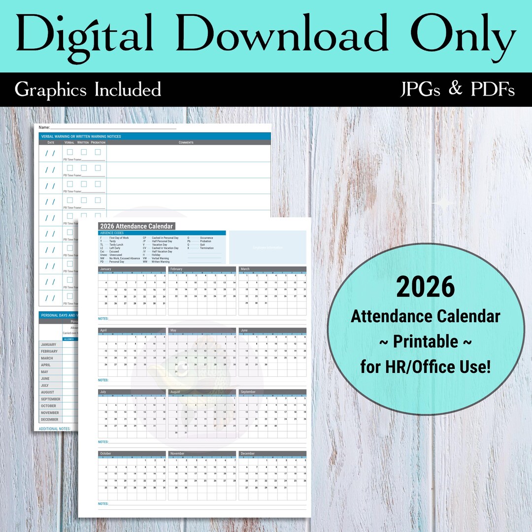 2026 Attendance Calendar/tracker, Office, School, PDF or JPG Digital - Etsy