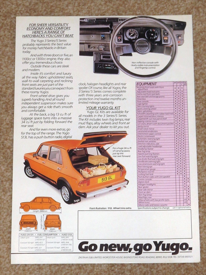 1982-85 YUGO 3/5 SERIES Sales Leaflet Brochure 311 511 513L - Etsy