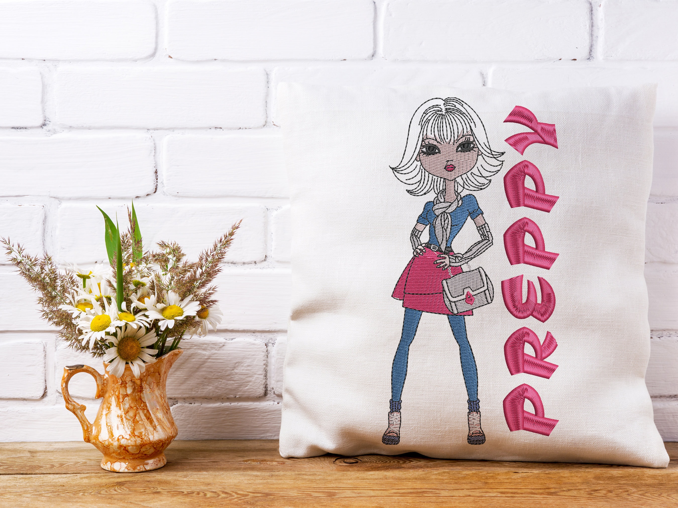 Chibi Girl Preppy Embroidery File, Digital Machine Embroidery, Cute ...