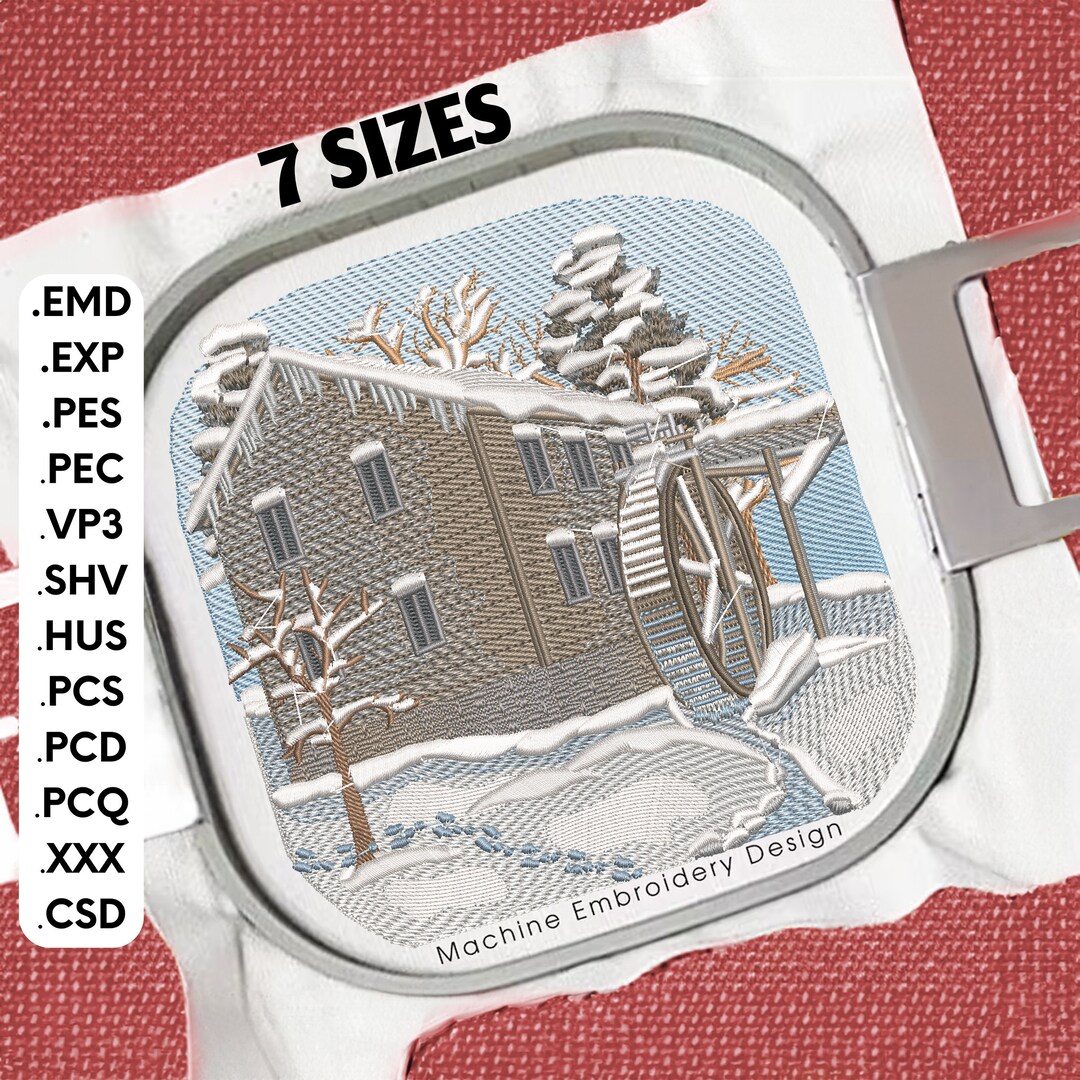 Mill Building in a Winter Snow Machine Embroidery Design Digital ...