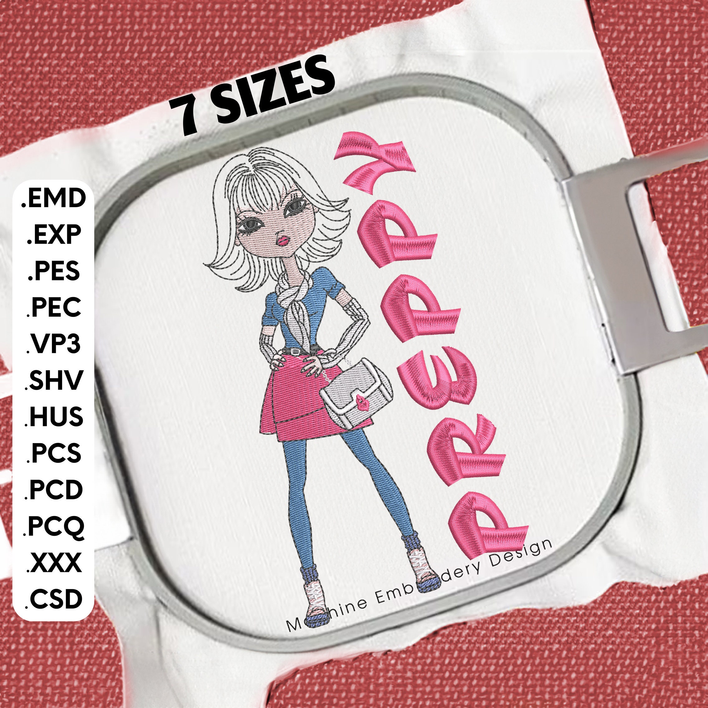 Chibi Girl Preppy Embroidery File, Digital Machine Embroidery, Cute ...