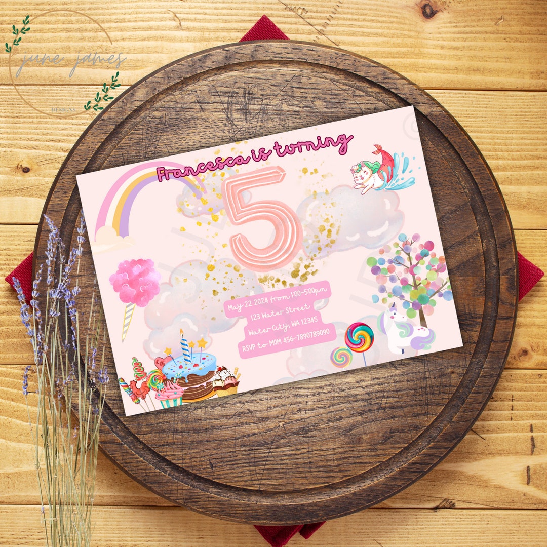 Digital 5 Year Old Girl Birthday Invitation Editable PDF Customizable ...