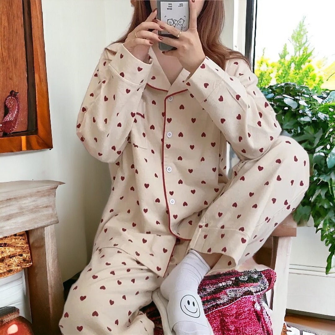Cute Heart Print Womens Pajama Set Valentines Gift Loose Cotton Casual ...