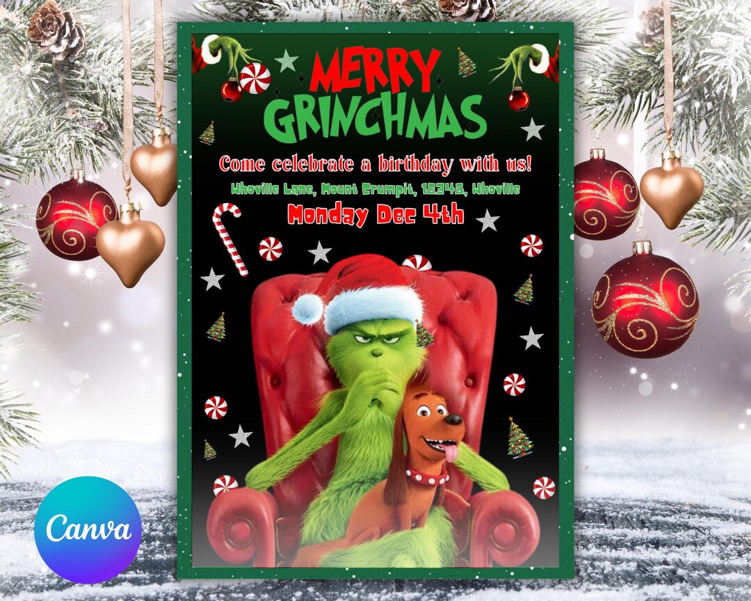 Editable Grinch-themed Christmas Invitation Holiday Party Canva ...