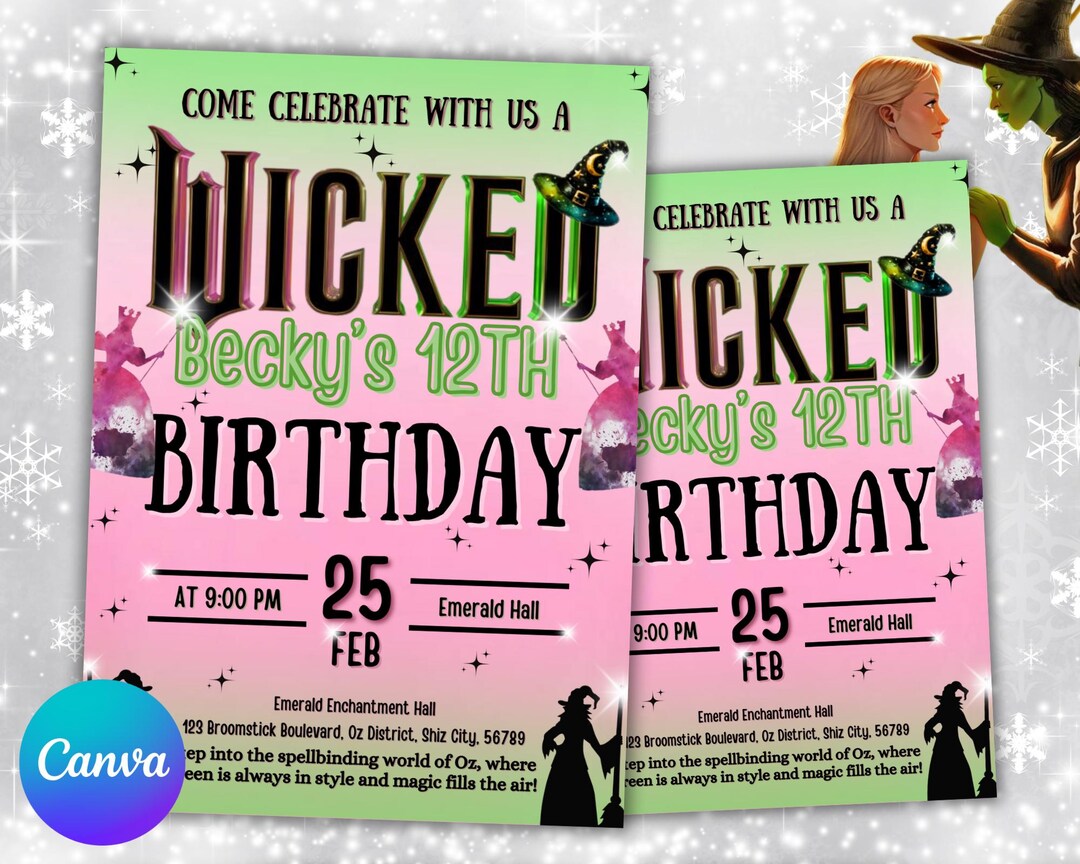 Wicked Party Invitation for Birthday Editable Invite Pink and Green ...