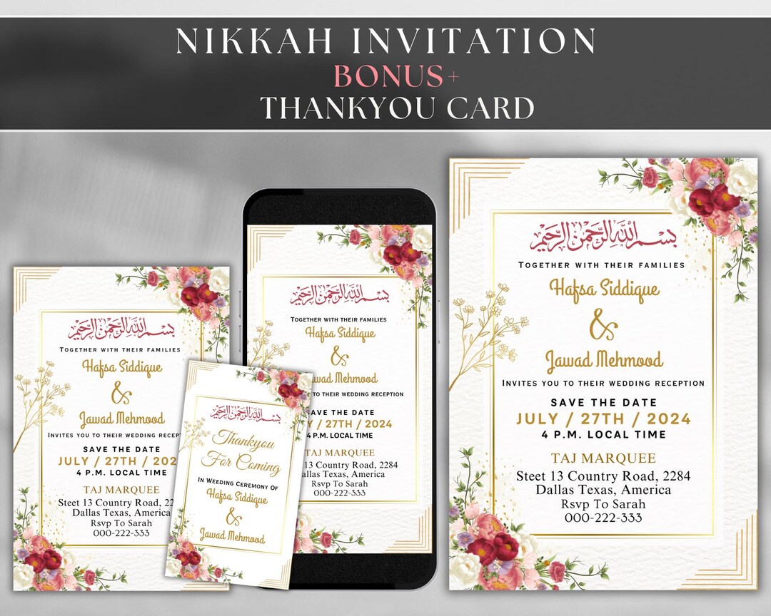 Editable Islamic Nikkah Invitation Template Red Floral Muslim Wedding ...