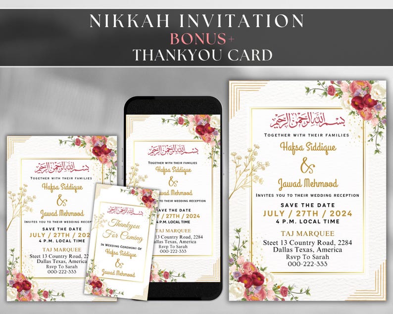 Editable Islamic Nikkah Invitation Template Red Floral Muslim Wedding ...