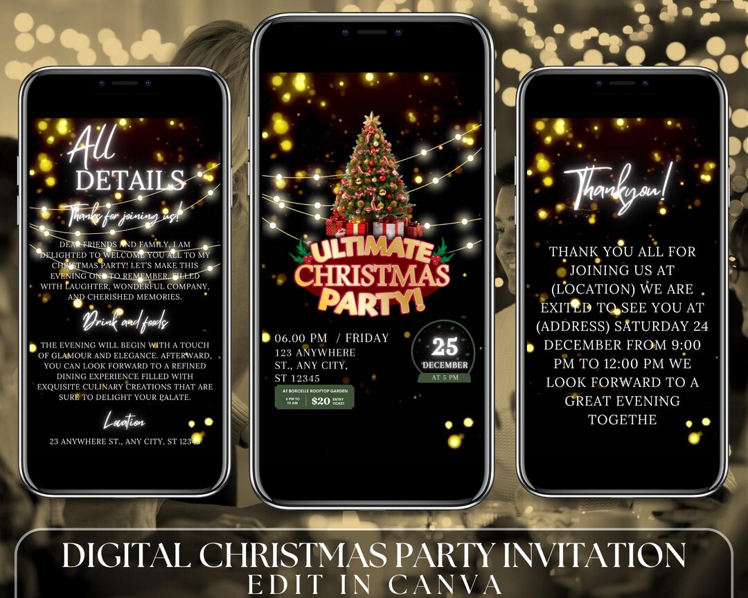 Digital Christmas Party Invitation, Animated Gold Xmas Holiday DIY ...