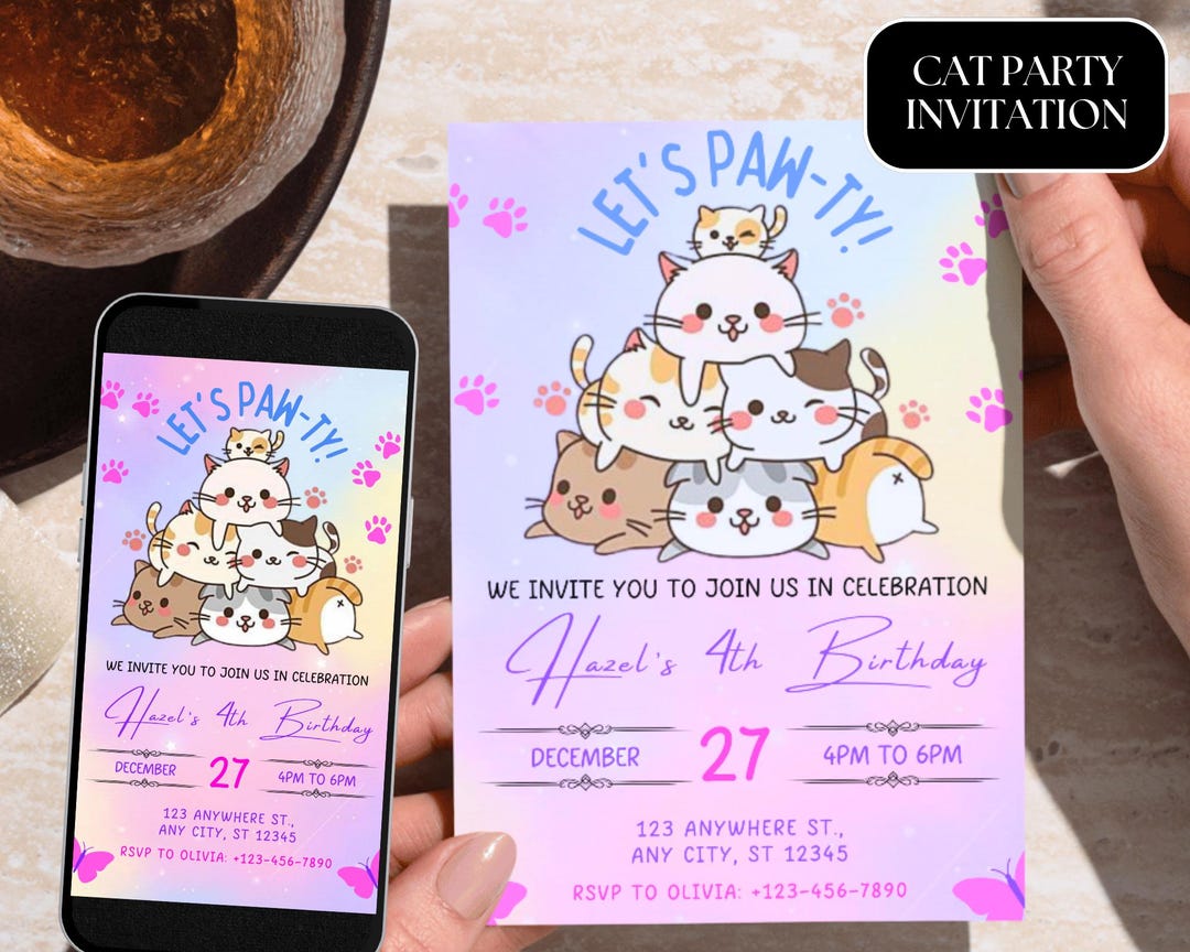 Cat Themed Birthday Invitation, Cat Birthday Invite, Cat Birthday ...