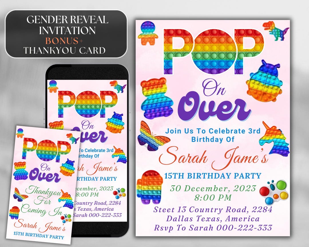 Editable Pop It Birthday Invitation, Ppastel Rainbow Pop It, Op It ...