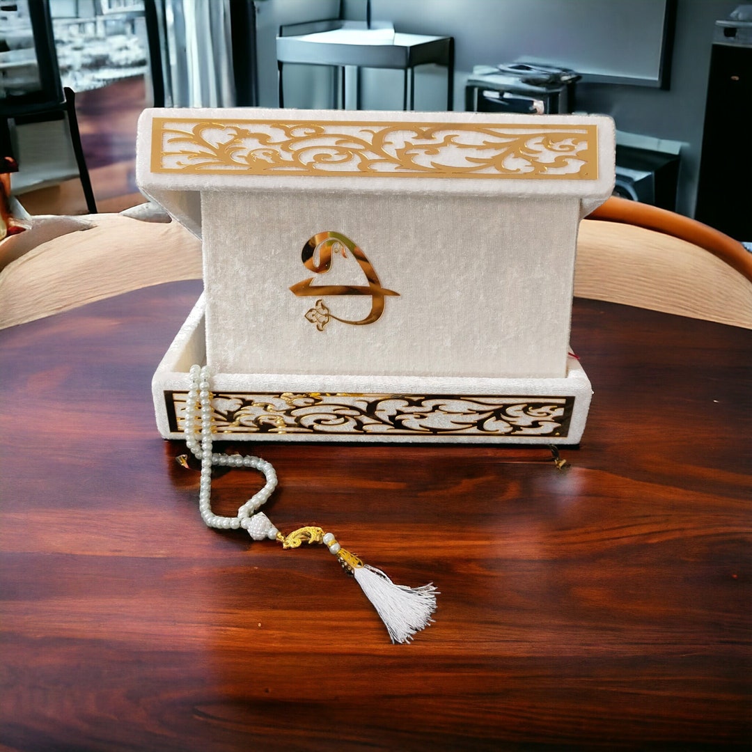 Beige Quran Gift Box Set, Prayer Beads Custom Muslim Set, Luxury ...