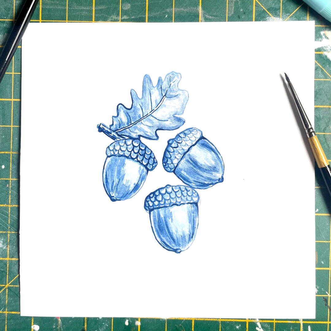 Delftware Blue Pottery Acorn Art Print Painting Acorn Decor Autumn Fall ...