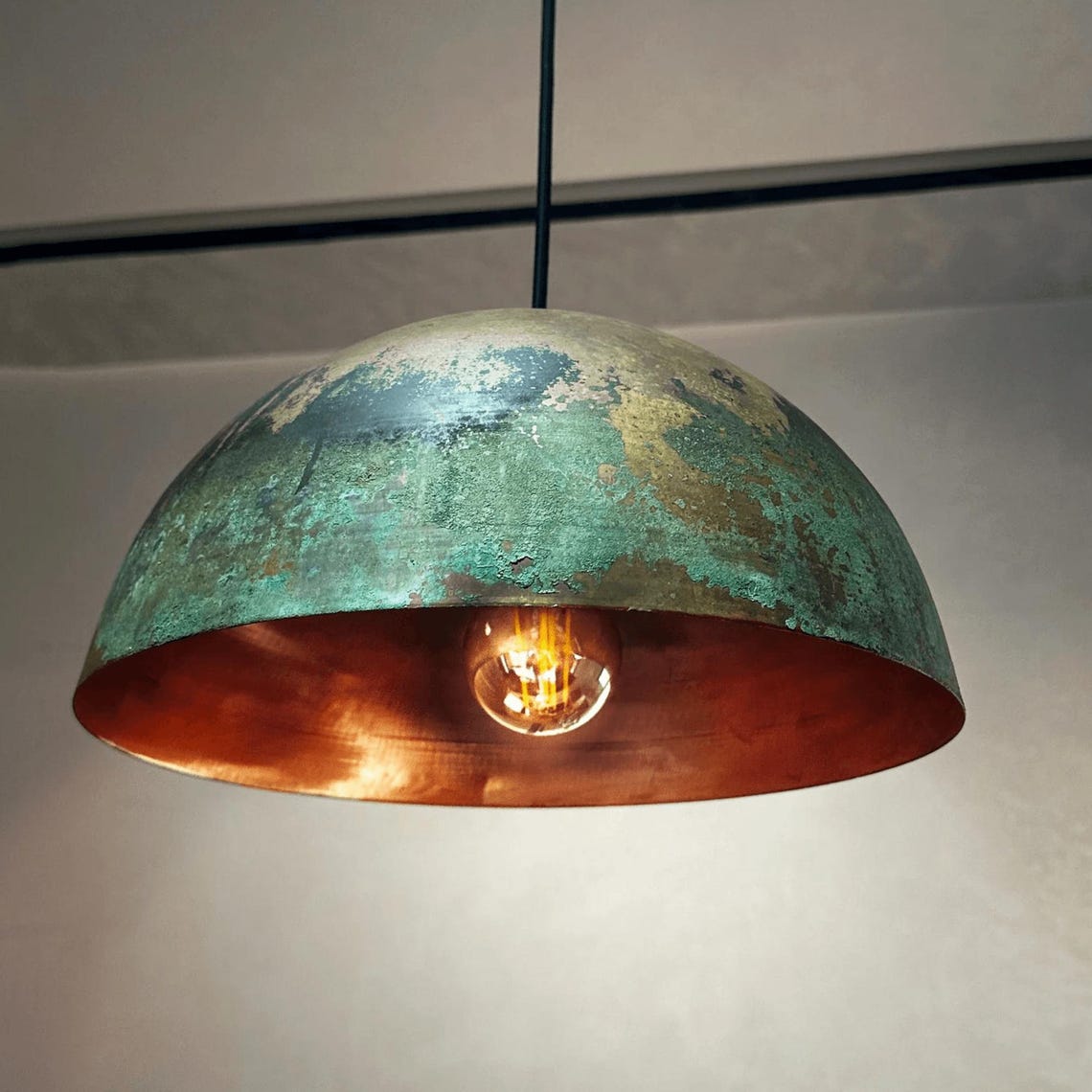 Copper Farmhouse Pendant Light, Patina Copper Hanging Light, Green ...