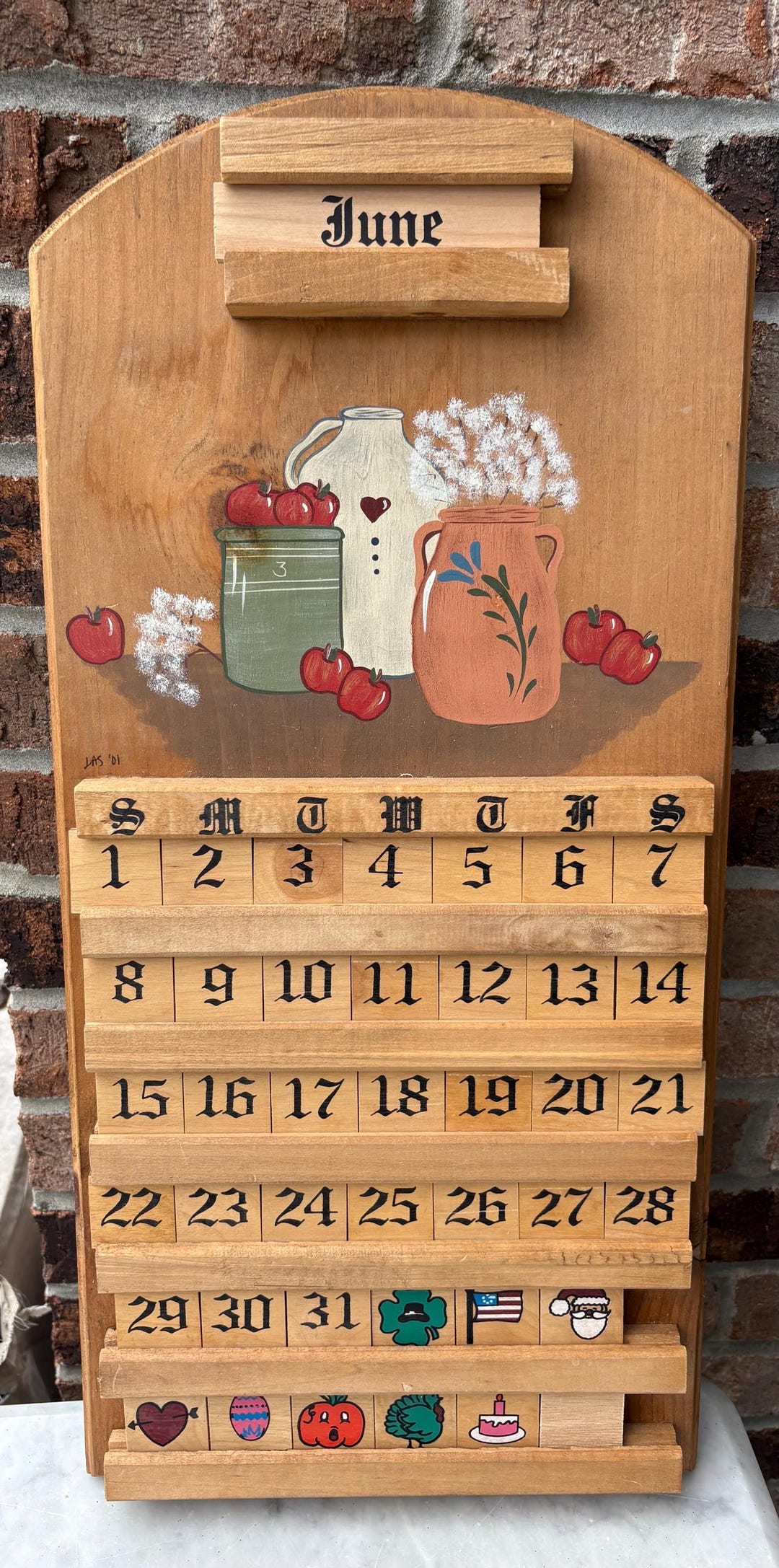 Wooden Perpetual Calendar Flowers Apples Artwork Extra Tiles Country ...