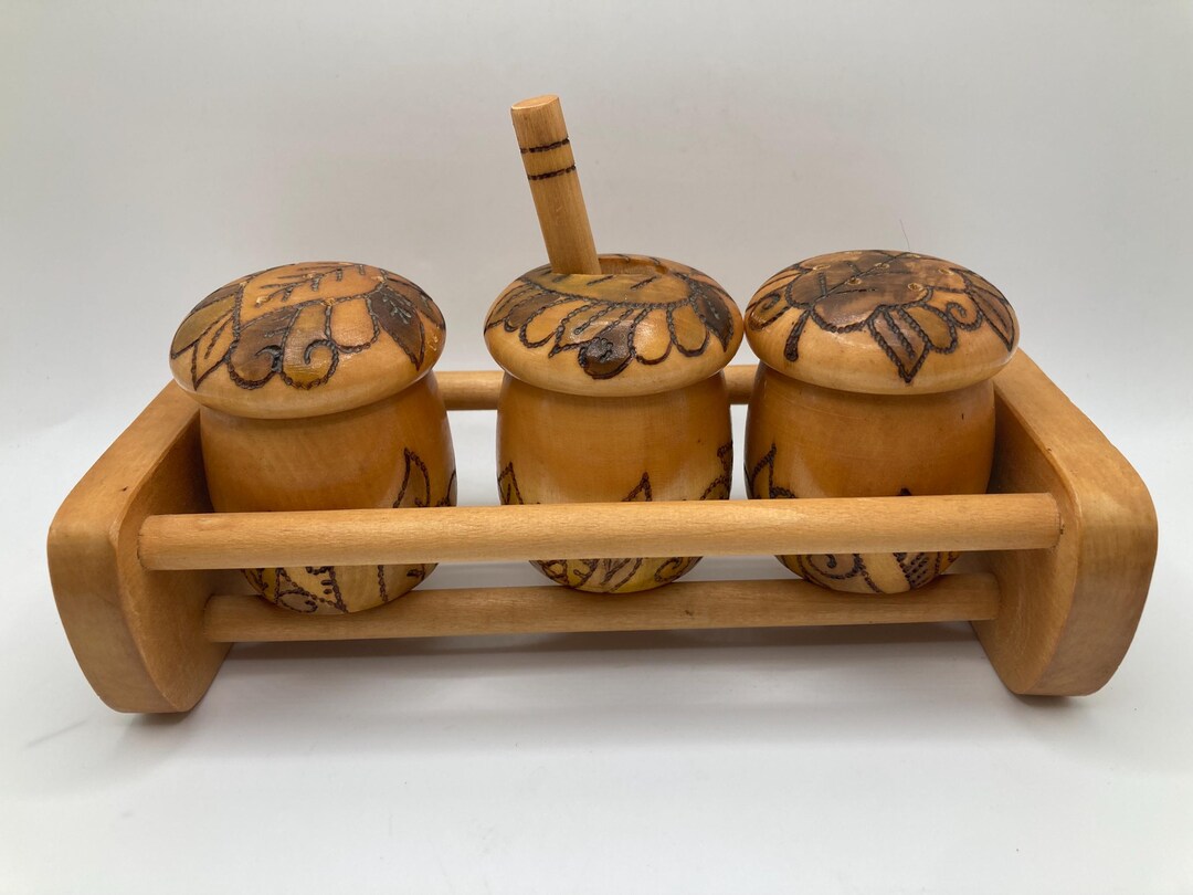 Vintage Wooden Ukrainian Crust Set With Carrier Holder Salt Pepper - Etsy
