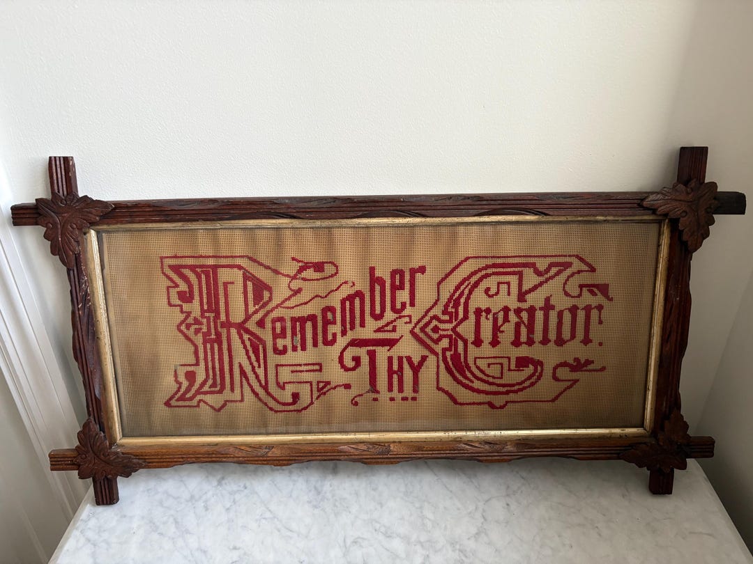 Victorian Punched Paper Needlepoint Framed Religious Motto Remember Thy ...