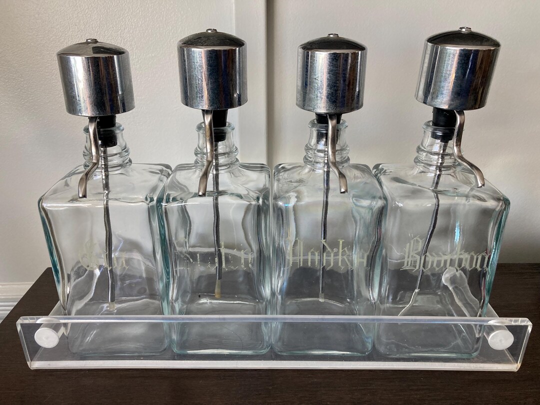 Vintage MCM Pump Liquor Dispenser Glass Decanter Set Lucite Tray 4 ...