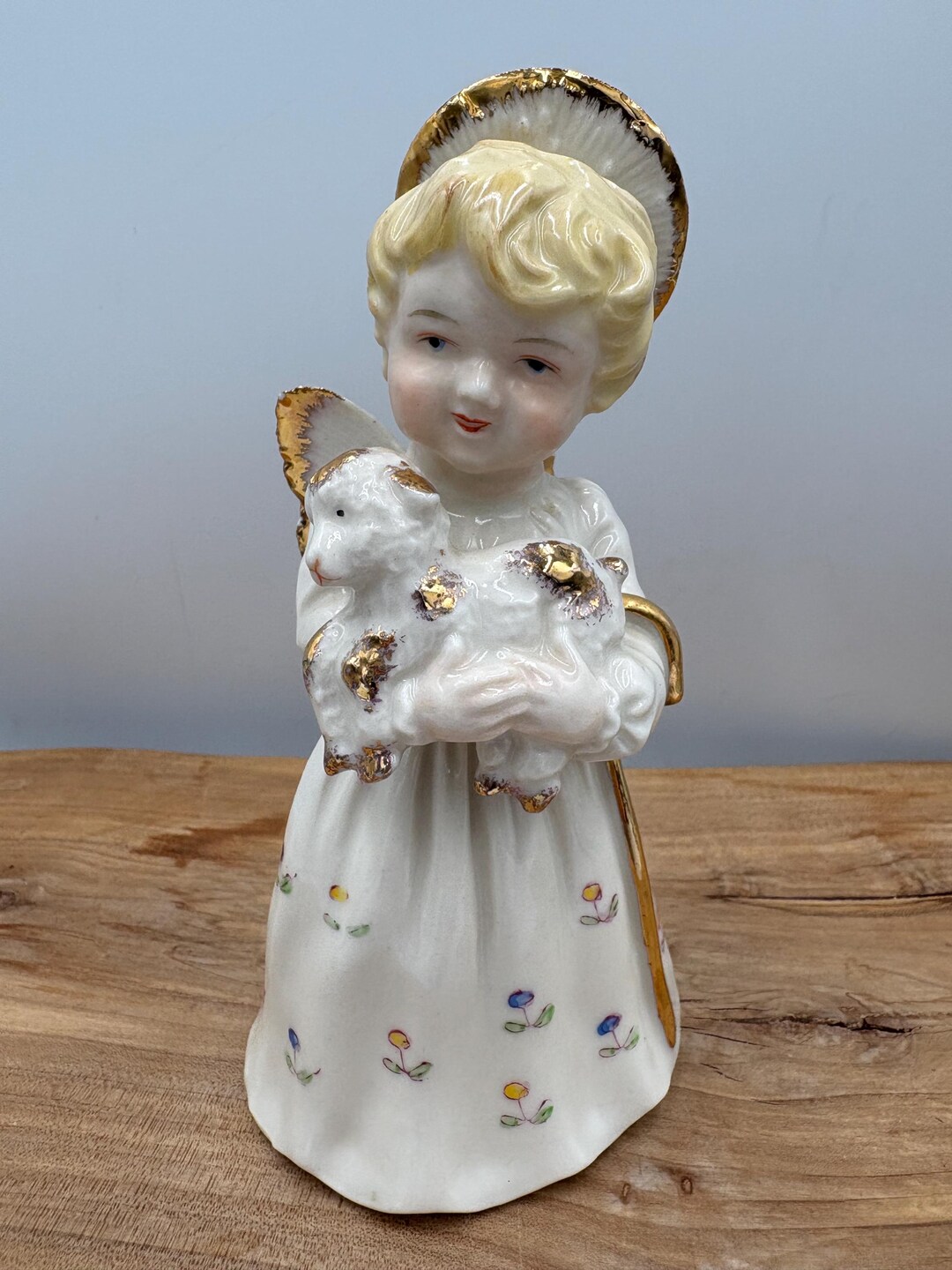 Antique Vtg Figurine Blonde Angel & Lamb Floral Gold Gilt 6" #A6694 ...