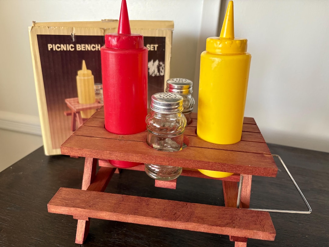 Wooden Picnic Table Condiment Holder Vintage Ketchup Mustard Bottle S&P ...