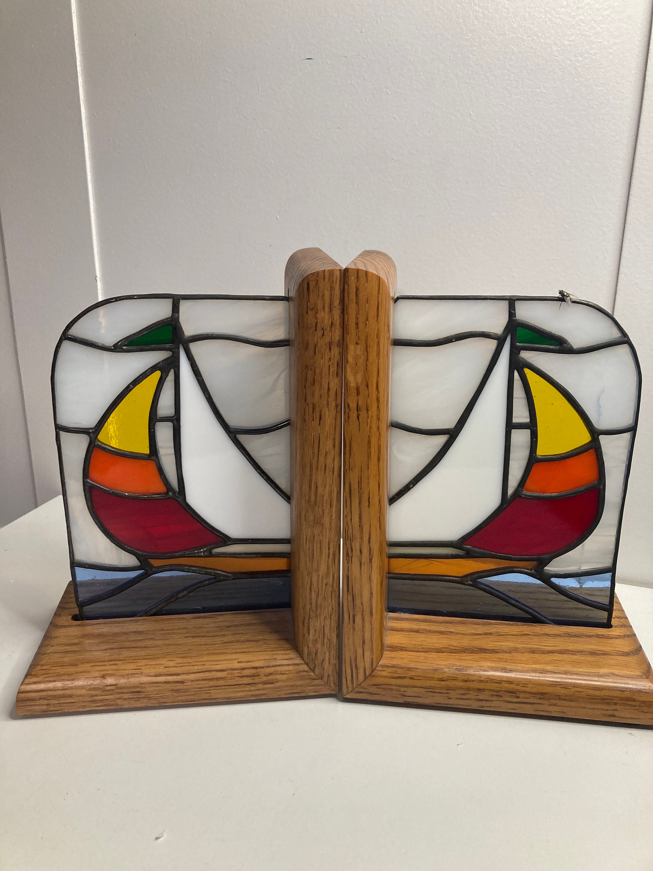 Handmade Stained Glass Sailboat Wooden Bookends - Etsy