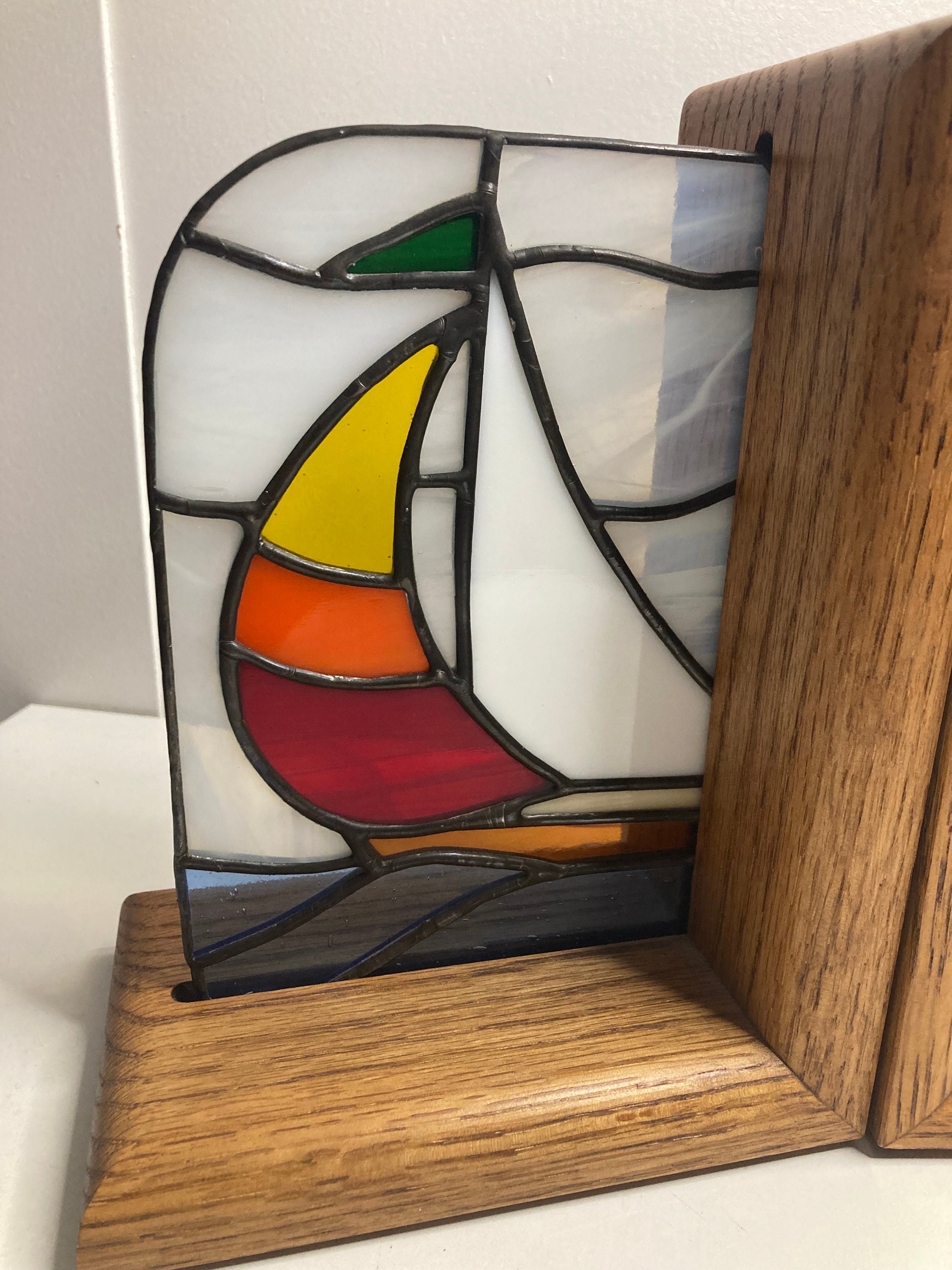 Handmade Stained Glass Sailboat Wooden Bookends - Etsy
