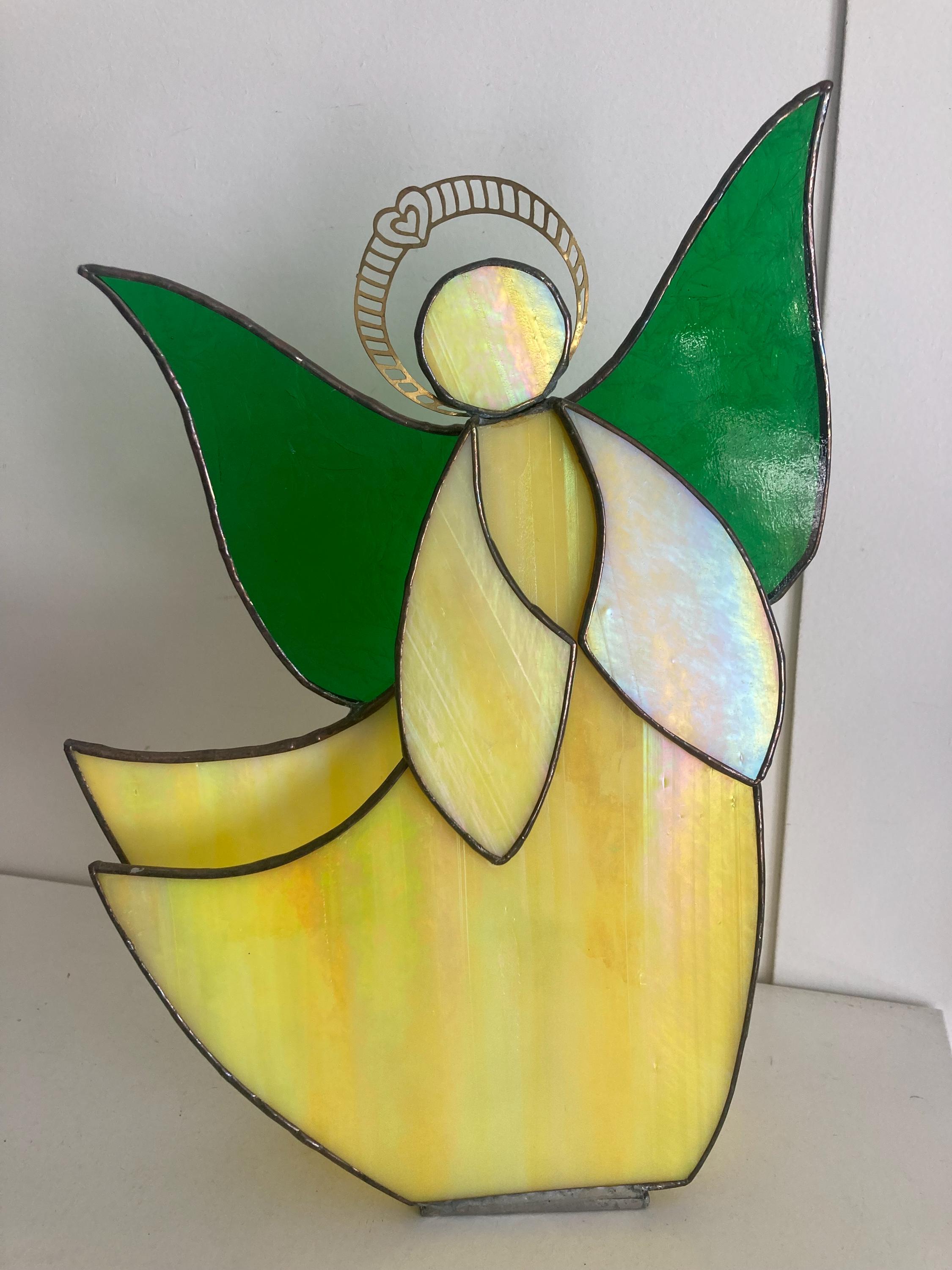 Vintage Stained Glass Angel Suncatcher Window Ornament Yellow Green ...