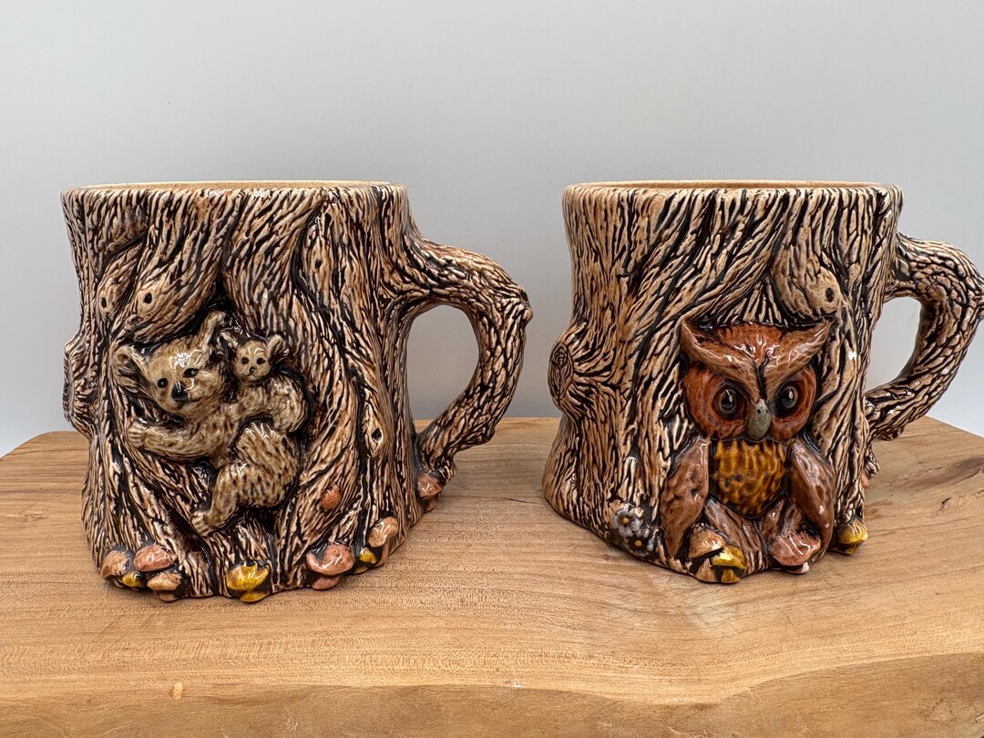 2 Vintage Ceramic Tree Stump Mugs Owls and Koala Boho 80’s Animal ...