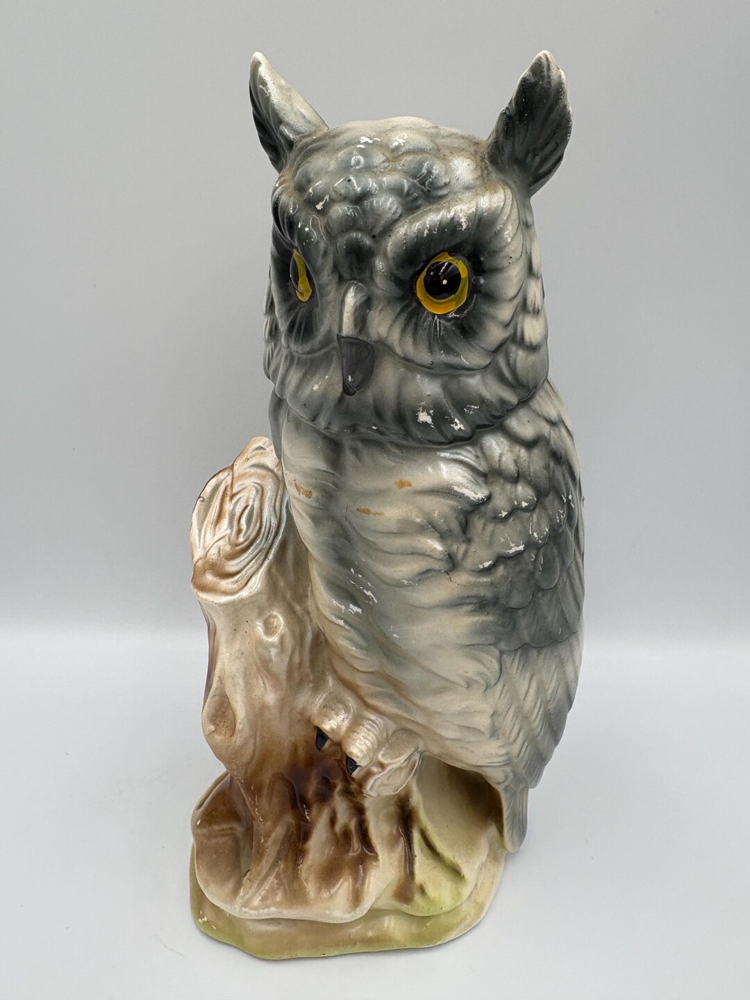 MCM Ceramic White Gray Owl Made in Japan 9” Sitting on Branch - Etsy