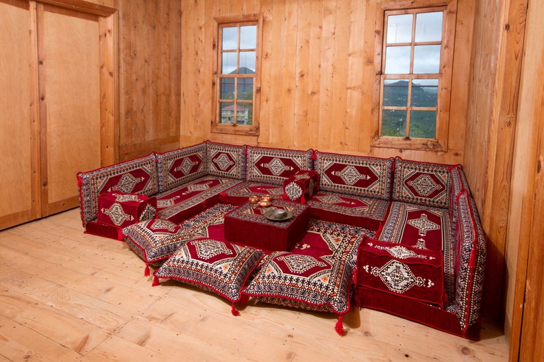 Arabic Sofa Set, Floor Cushion Set, Ethnic Pillow, Moroccan Loveseat, Red Pillow Sofa, Sectional ...