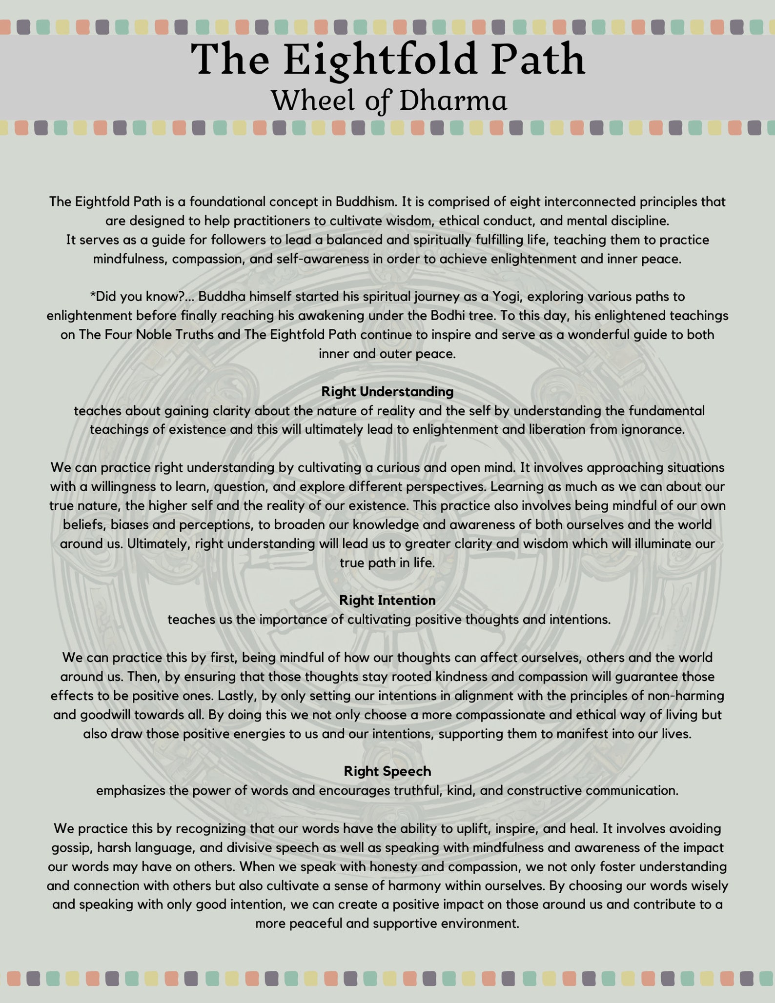 Eightfold Path Dharma Yoga Buddhist Philosophy Info Graphic Printable ...