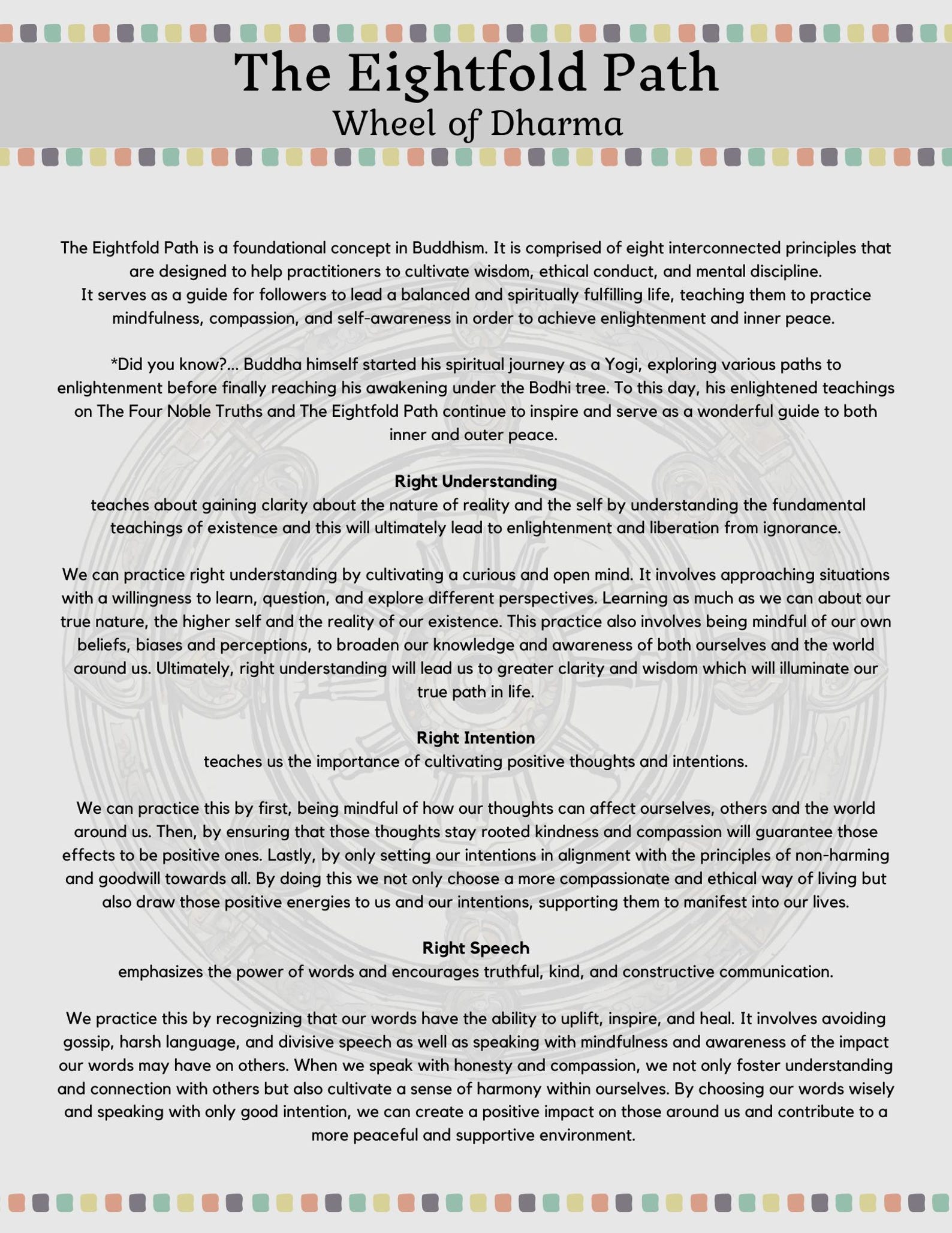 Eightfold Path Dharma Yoga Buddhist Philosophy Infographic Printable ...