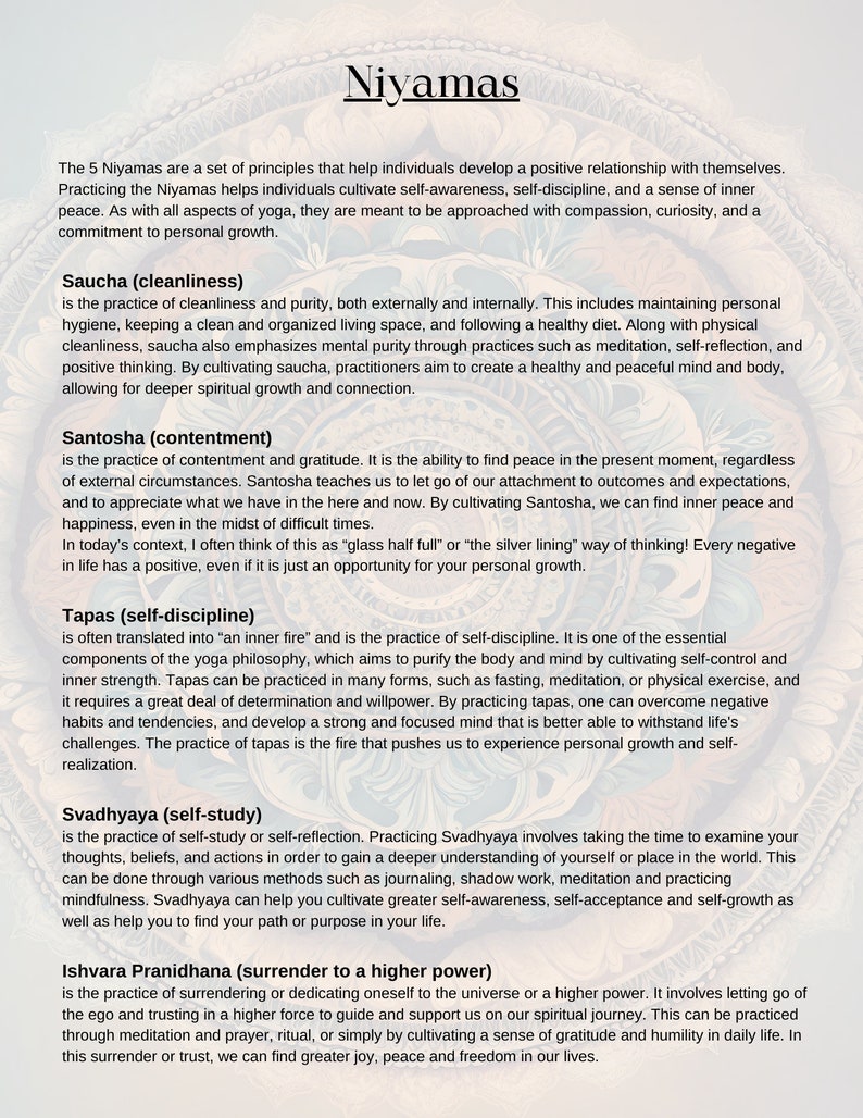 Yoga Philosophy 8 Limb Path Yamas and Niyamas Information Package ...
