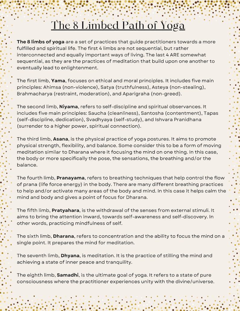 Yoga Philosophy 8 Limb Path Yamas and Niyamas Information Package ...