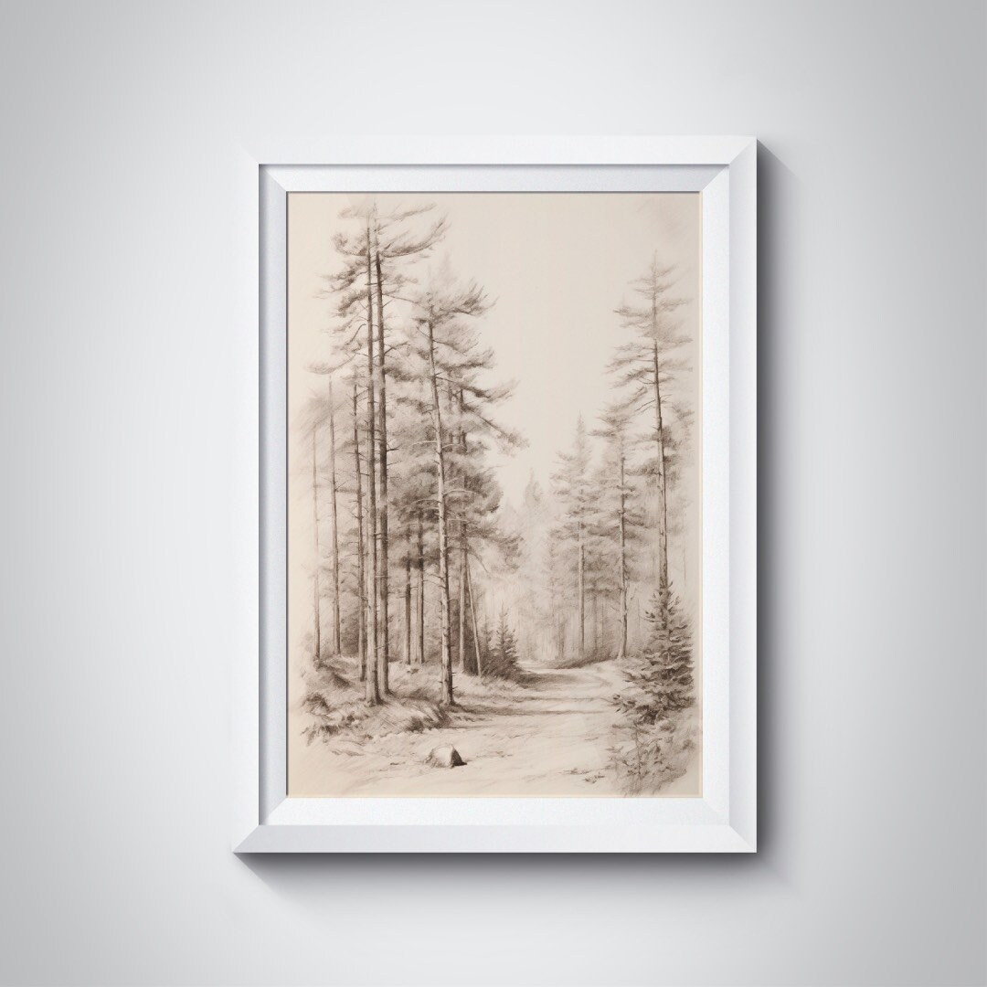 Vintage Forest Landscape Sketch Printable Wall Art, Neutral Tree Sketch ...