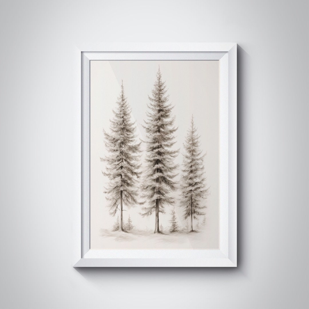 Vintage Pine Trees Sketch Print, Neutral Tree Sketch, AI Generated ...