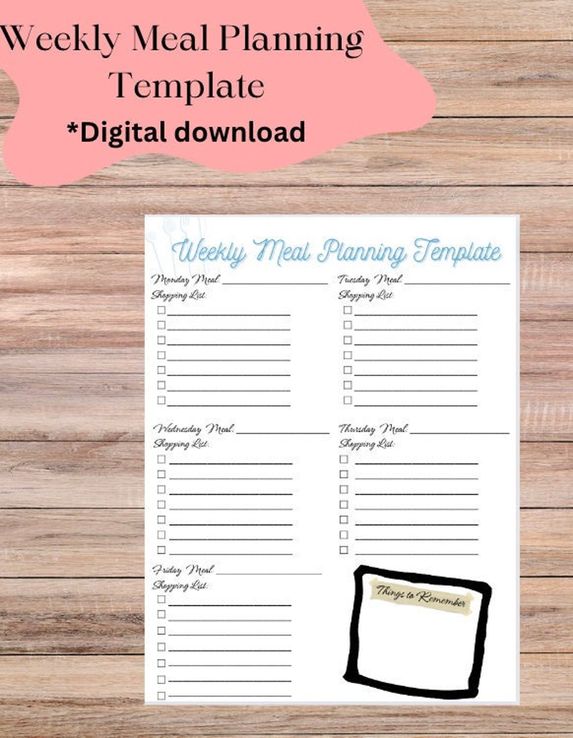 Simple Meal Planning Template, Digital Download, Weekly Meal Planner ...