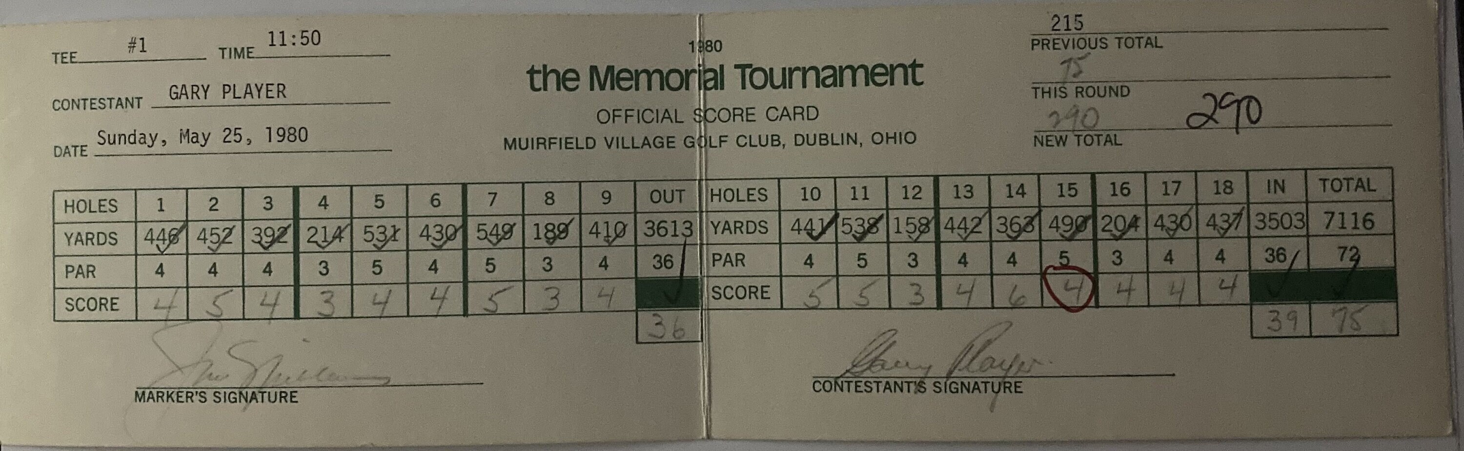 Official 1980 Memorial Tournament Used Scorecard Gary Player - Etsy