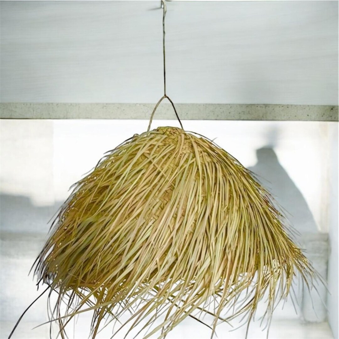Woven Palm Leaf Dome Pendant Light - Natural Boho Lampshade, Tropical ...