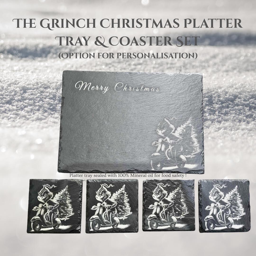 Engraved Slate Grinch Christmas Serving Tray and Coaster Set - Etsy